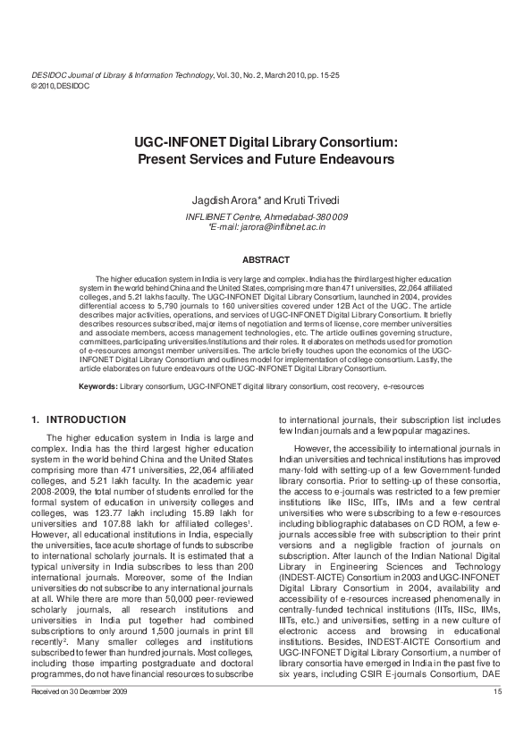 (PDF) UGC-INFONET Digital Library Consortium: Present Services and ...