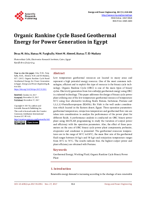 (PDF) Organic Rankine Cycle Based Geothermal Energy for Power Generation in Egypt