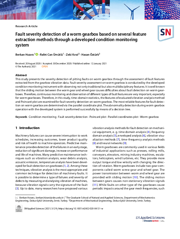 Pdf Fault Severity Detection Of A Worm Gearbox Based On Several Feature Extraction Methods