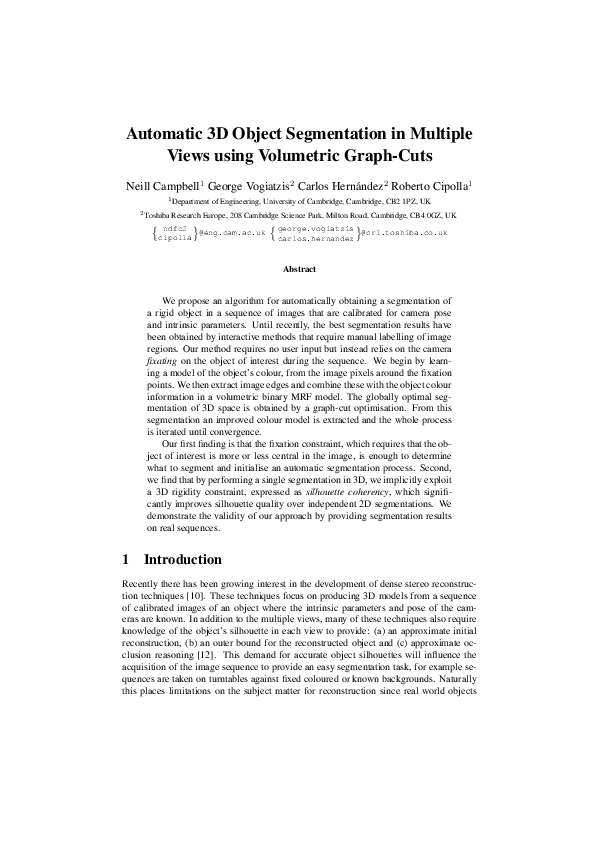 (PDF) Automatic 3D object segmentation in multiple views using volumetric graph-cuts