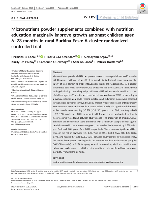 (PDF) Micronutrient powder supplements combined with nutrition ...