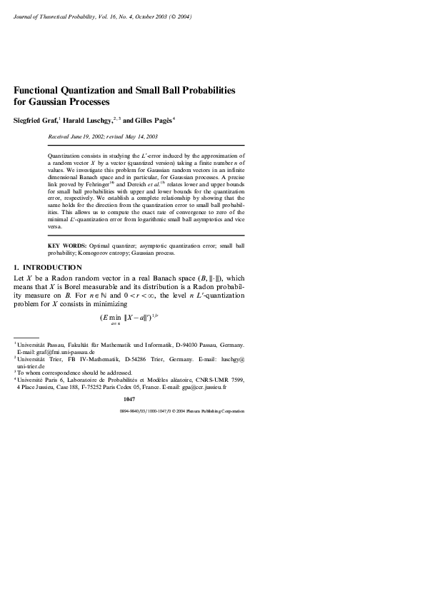(PDF) Functional Quantization and Small Ball Probabilities for Gaussian Processes