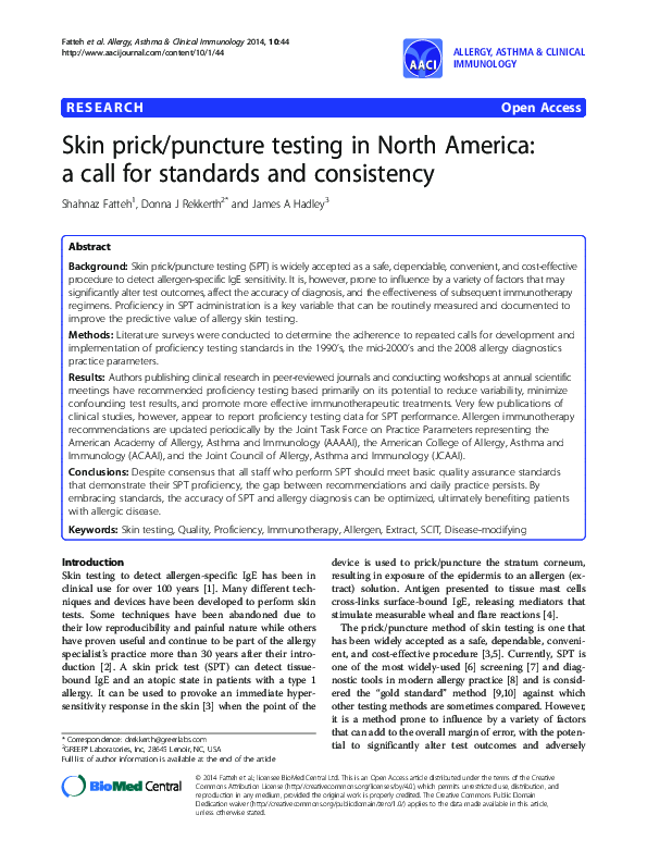 (PDF) Skin prick/puncture testing in North America: a call for ...