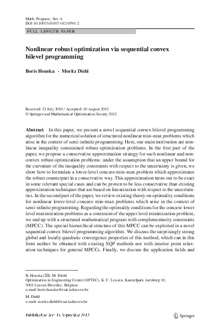 Pdf Sequential Convex Bilevel Programming For Nonlinear Optimization