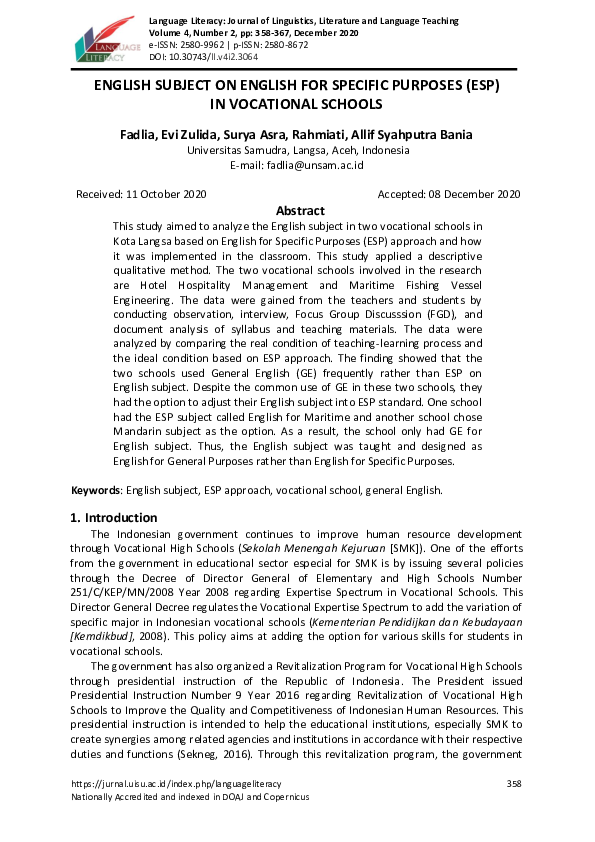 (PDF) English Subject on English for Specific Purposes (Esp) in Vocational Schools