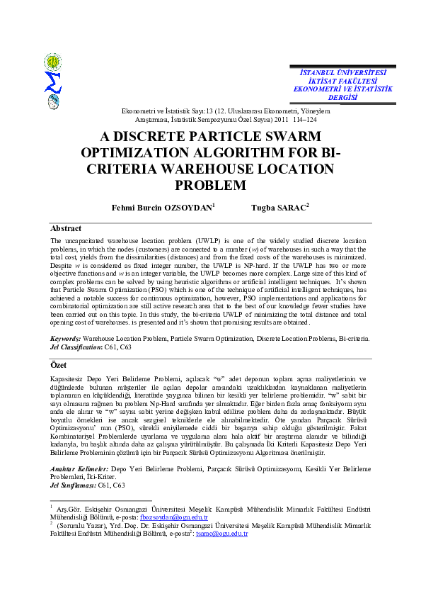 Pdf A Discrete Particle Swarm Optimization Algorithm For Bi Criteria Warehouse Location Problem 1114