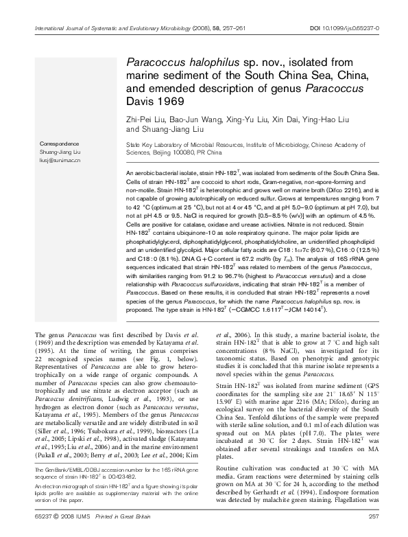 (PDF) Paracoccus halophilus sp. nov., isolated from marine sediment of ...