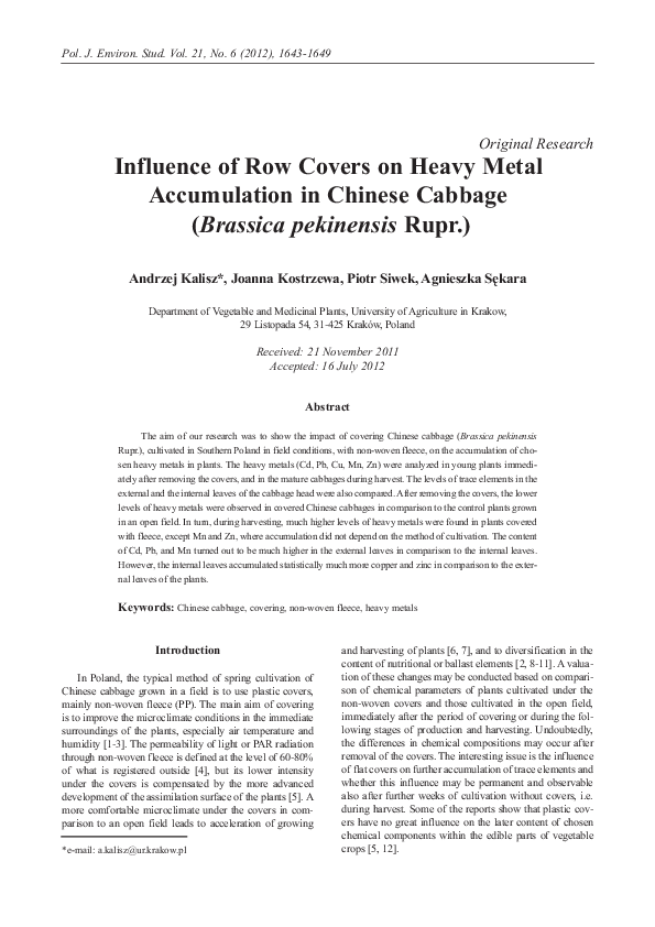 (PDF) Influence of row covers on heavy metal accumulation in Chinese ...