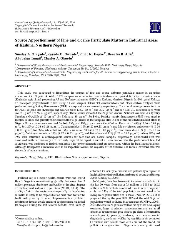 Pdf Source Apportionment Of Fine And Coarse Particulate Matter In A