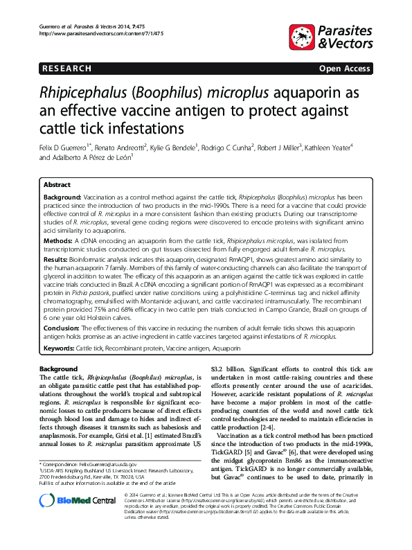 (PDF) Rhipicephalus ( Boophilus ) microplus aquaporin as an effective ...