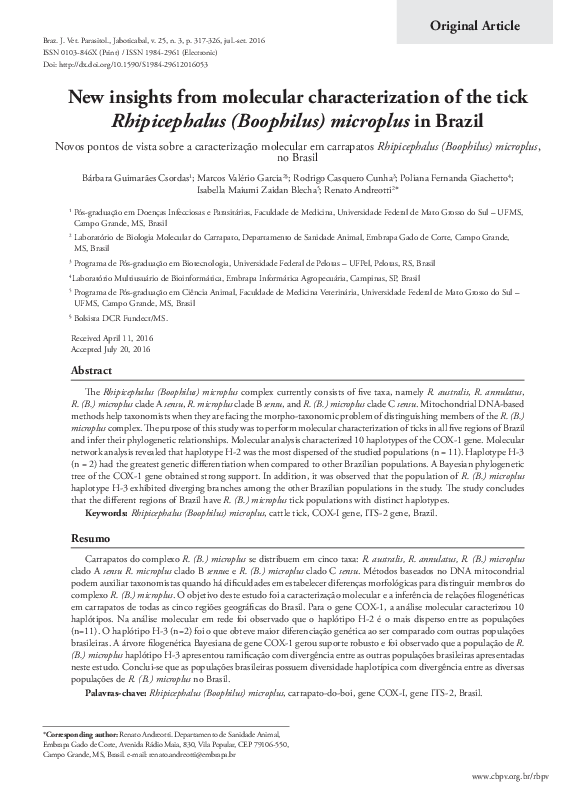 (PDF) New insights from molecular characterization of the tick Rhipicephalus (Boophilus ...