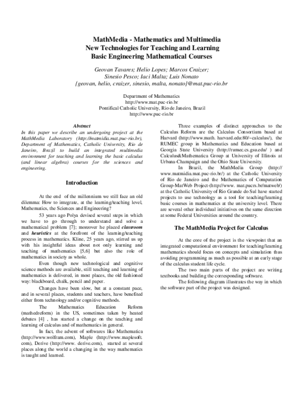(PDF) MathMedia-Mathematics and Multimedia New Technologies for ...