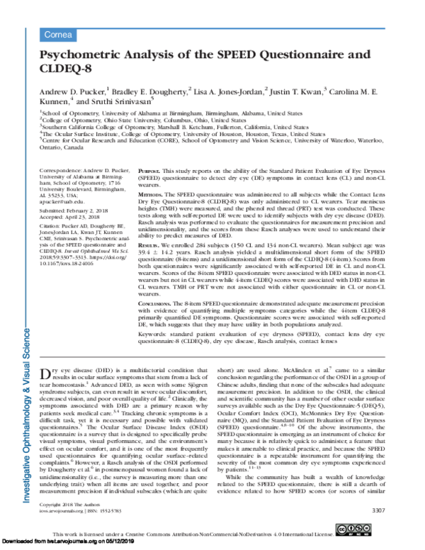 (PDF) Psychometric Analysis of the SPEED Questionnaire and CLDEQ-8