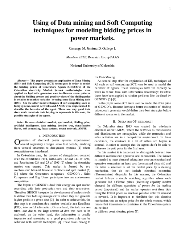 (PDF) Using of Data Mining and Soft Computing Techniques for Modeling Bidding Prices in Power ...