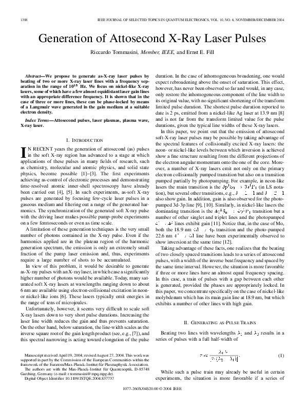 (PDF) Generation of Attosecond X-Ray Laser Pulses | riccardo tommasini - Academia.edu
