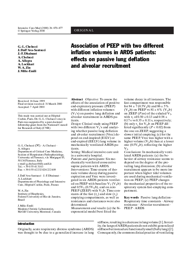 (PDF) PEEP and Inflation Volumes in ARDS: Impact on Lung Mechanics