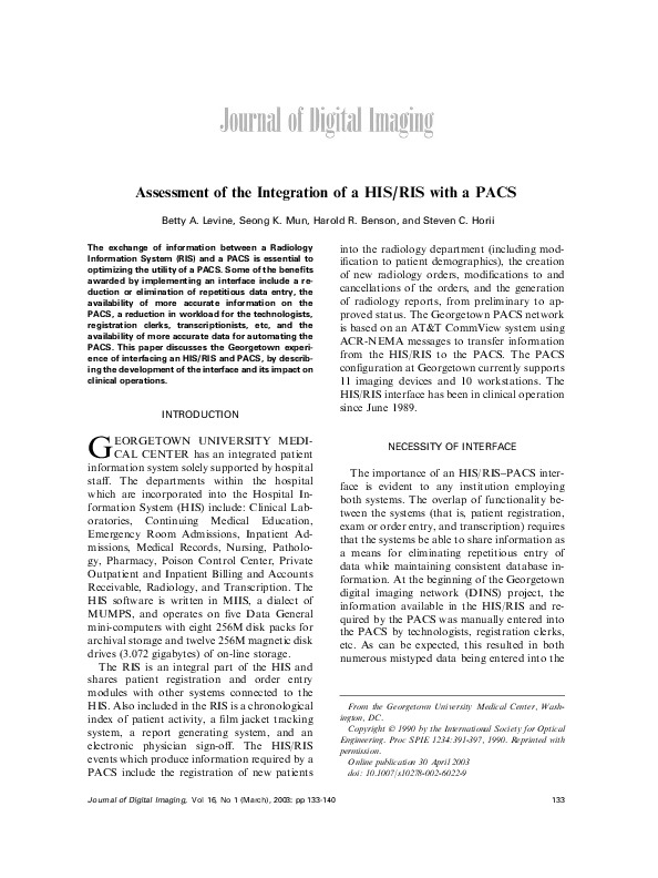 Pdf Assessment Of The Integration Of A His Ris With A Pacs