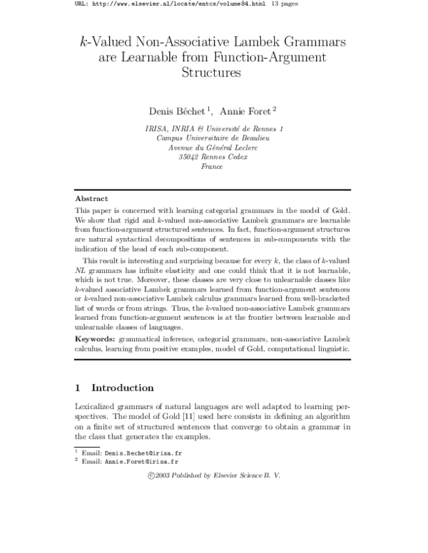Pdf K Valued Non Associative Lambek Grammars Are Learnable From Function Argument Structures