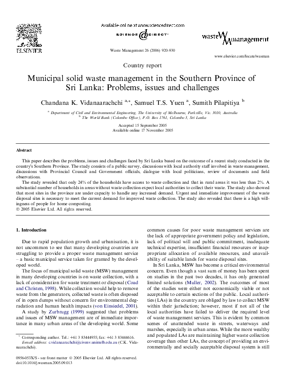 (PDF) Municipal solid waste management in the Southern Province of Sri ...