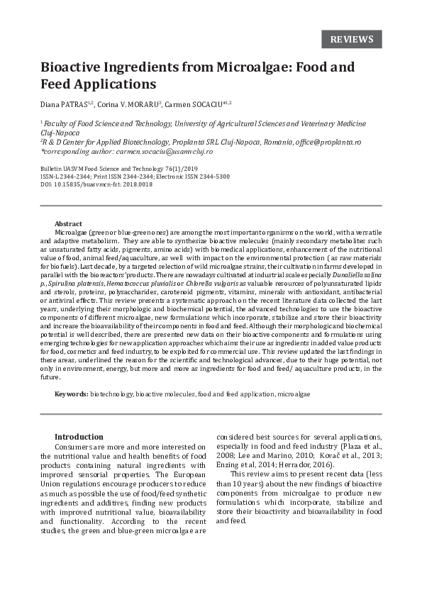 (PDF) Bioactive Ingredients from Microalgae: Food and Feed Applications