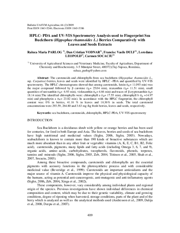 (PDF) HPLC-PDA and UV-VIS Spectrometry Analysis used to Fingerprint Sea Buckthorn (Hippophae ...