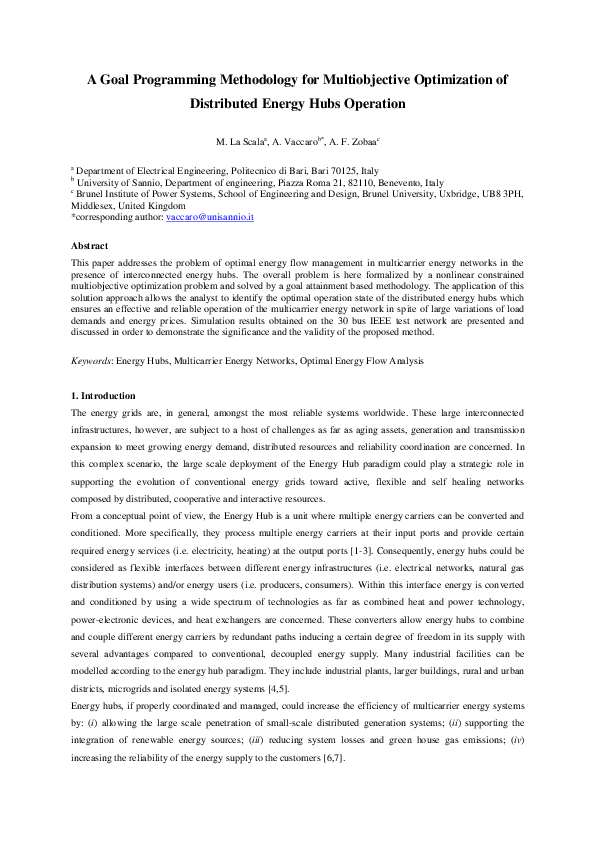 Pdf Optimizing Distributed Energy Hubs Via Goal Programming
