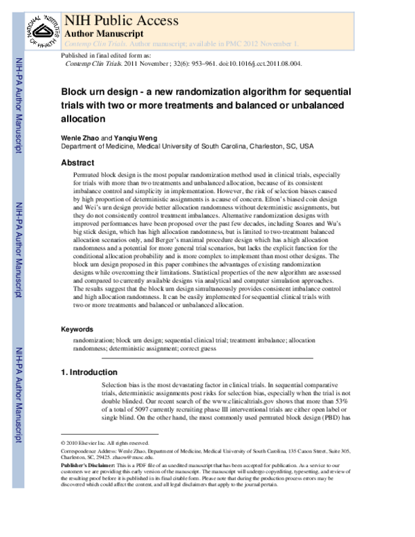 Pdf Block Urn Design — A New Randomization Algorithm For Sequential 6805
