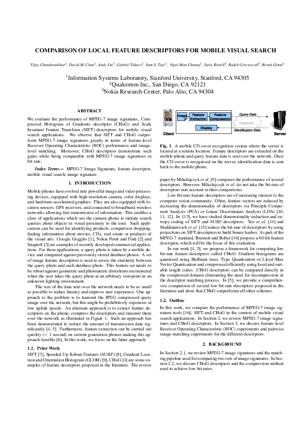 (PDF) Comparison of local feature descriptors for mobile visual search