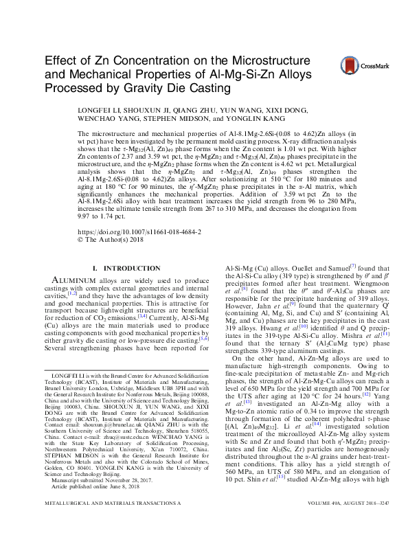 (PDF) Effect of Zn Concentration on the Microstructure and Mechanical Properties of Al-Mg-Si-Zn ...