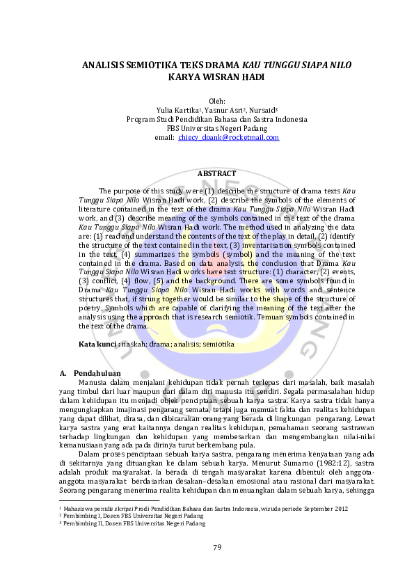 (PDF) Analisis Semiotika Teks Drama Kau Tunggu Siapa, NiloKarya Wisran Hadi