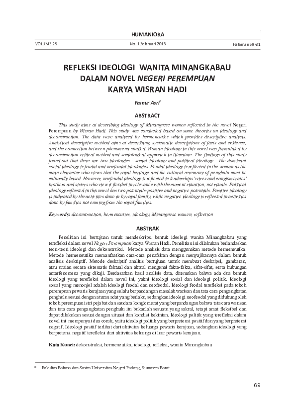 (PDF) Refleksi Ideologi Wanita Minangkabau Dalam Novel Negeri Perempuan Karya Wisran Hadi