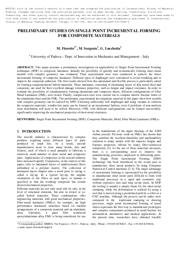 (PDF) Preliminary studies on single point incremental forming for composite materials