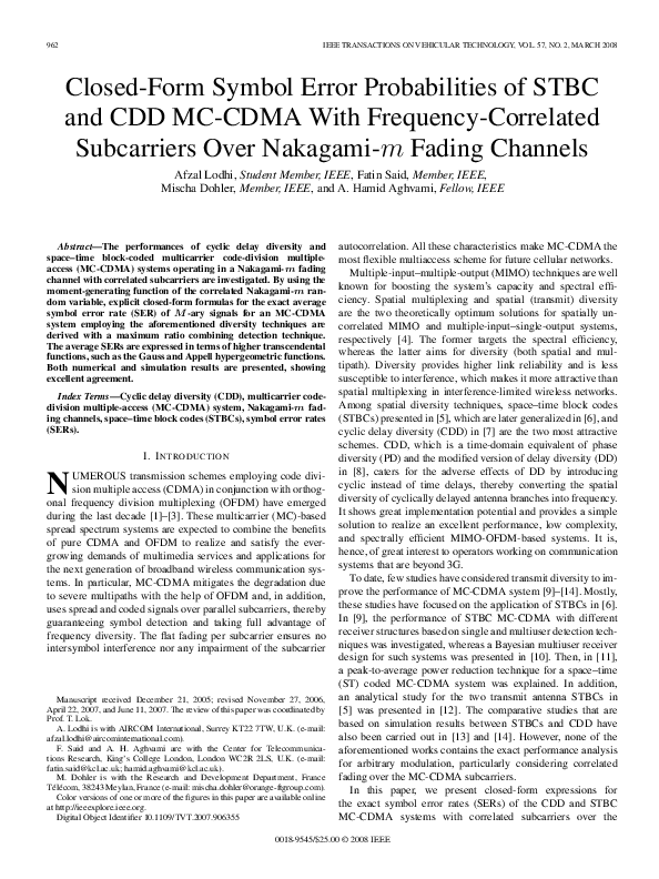 (PDF) Closed-Form Symbol Error Probabilities of STBC and CDD MC-CDMA With Frequency-Correlated ...
