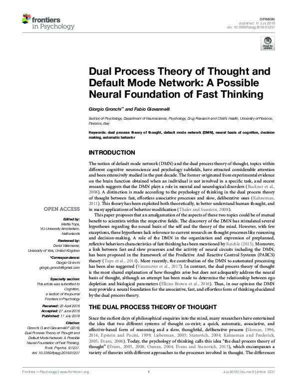 (PDF) Dual Process Theory of Thought and Default Mode Network: A Possible Neural Foundation of ...