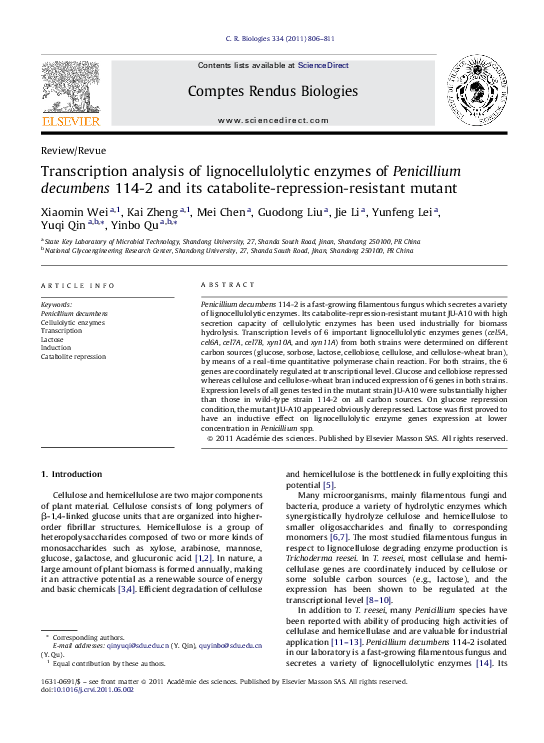 (PDF) Transcription analysis of lignocellulolytic enzymes of Penicillium decumbens 114-2 and its ...