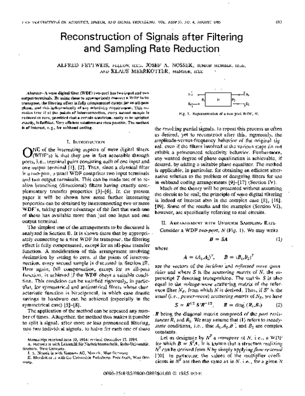 (PDF) Reconstruction of signals after filtering and sampling rate reduction | J. Nossek ...