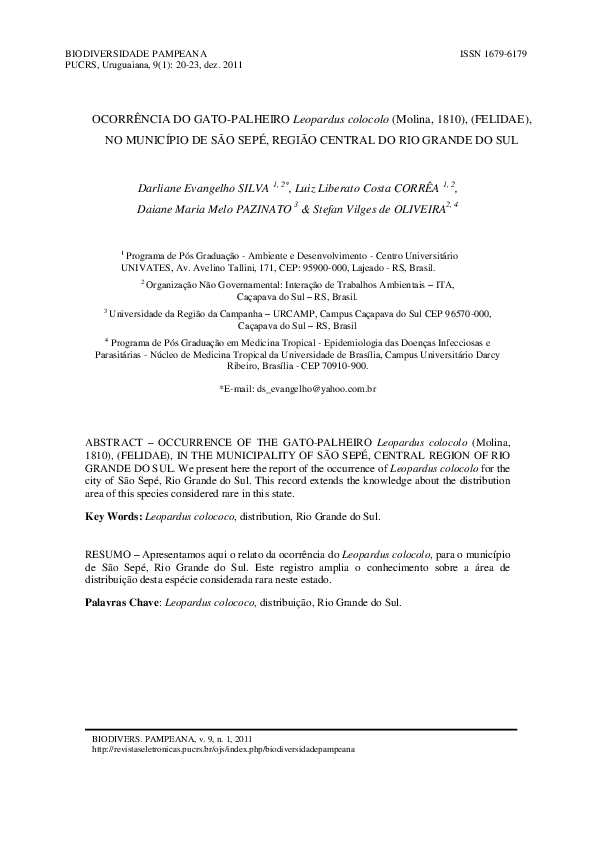 (PDF) OCORRÊNCIA DO GATO-PALHEIRO Leopardus colocolo (Molina, 1810 ...
