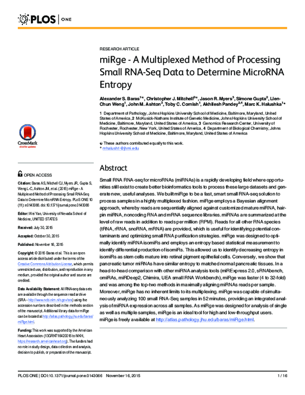 Pdf Mirge A Multiplexed Method Of Processing Small Rna Seq Data To Determine Microrna Entropy