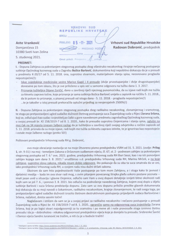 (PDF) Dopuna zahtjeva za pokretanjem stegovnog postupka, 5. 11. 2021. | Ante Vranković ...