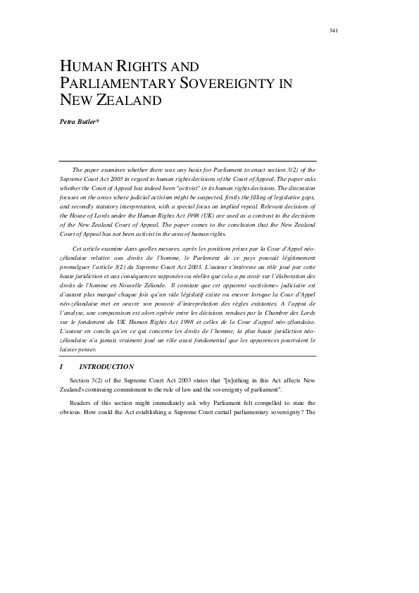 (PDF) Human rights and parliamentary sovereignty in New Zealand