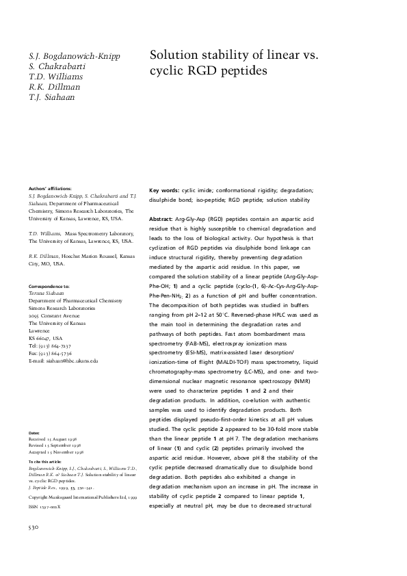 (PDF) Solution stability of linear vs. cyclic RGD peptides