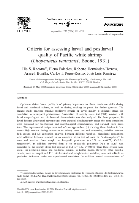 (PDF) Criteria for assessing larval and postlarval quality of Pacific white shrimp (Litopenaeus ...