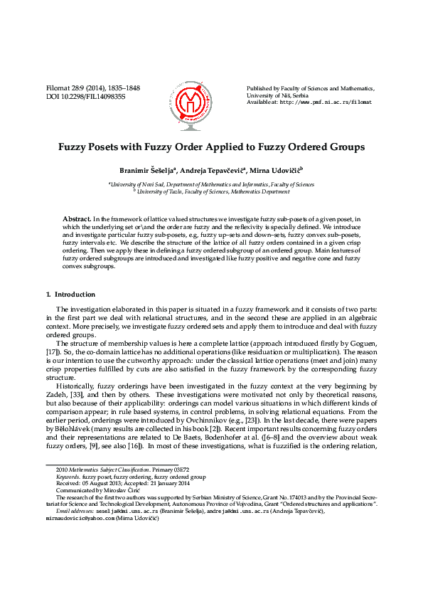 (PDF) Fuzzy posets with fuzzy order applied to fuzzy ordered groups