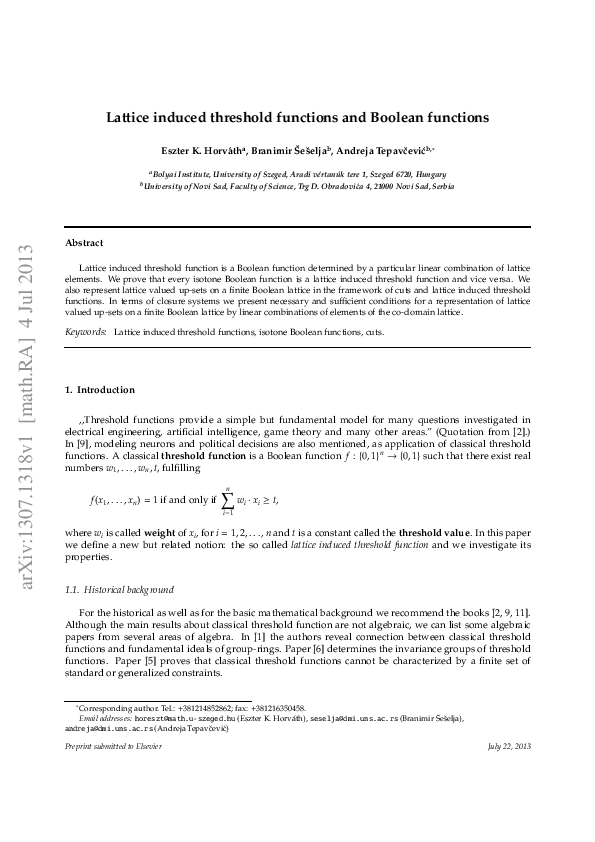 Pdf Lattice Induced Threshold Functions And Boolean Functions 7083
