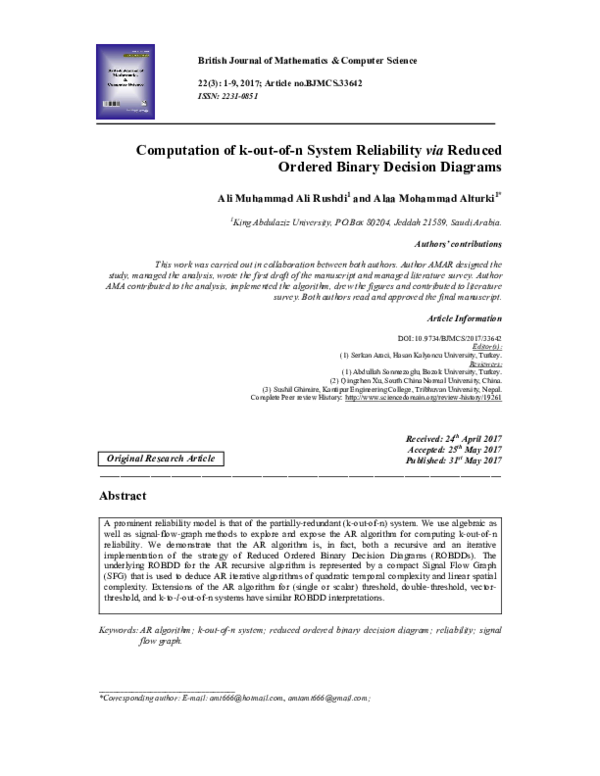(PDF) Computation of k-out-of-n System Reliability via Reduced Ordered ...