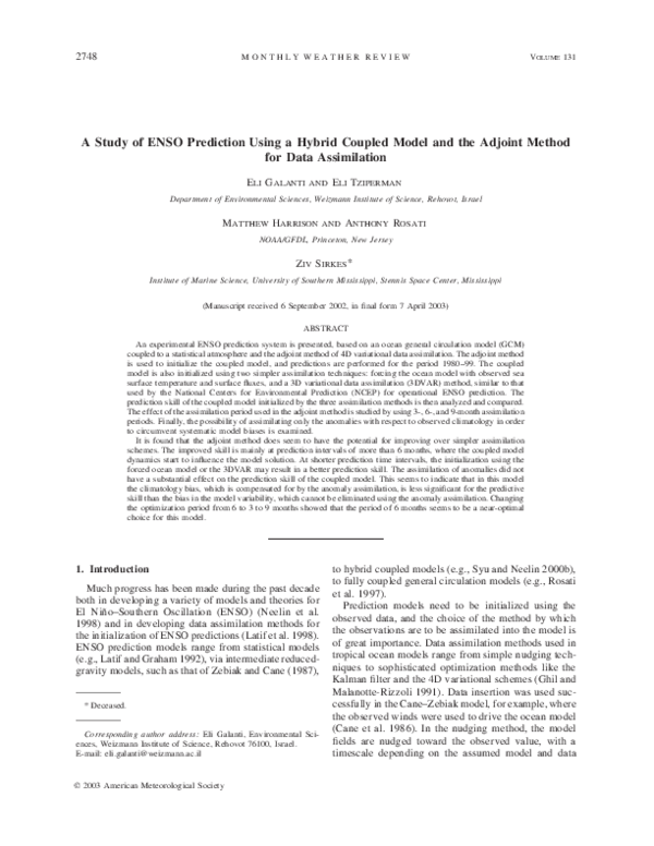 (PDF) A Study of ENSO Prediction Using a Hybrid Coupled Model and the Adjoint Method for Data ...