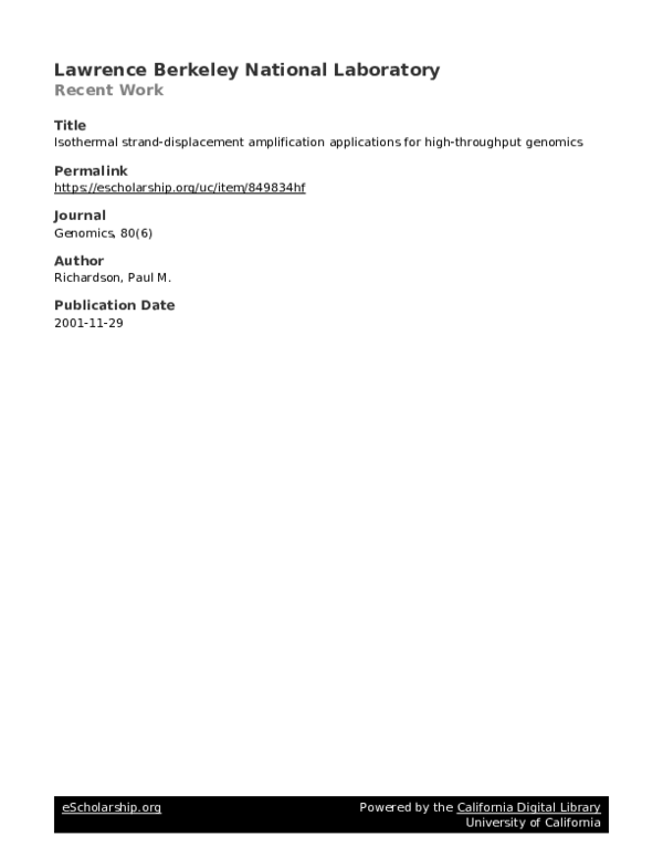 (PDF) Isothermal Strand-Displacement Amplification Applications for ...