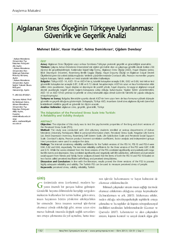 (PDF) The adaptation of the Perceived Stress Scale into Turkish: A ...