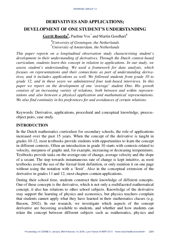 (PDF) Derivatives and Applications; Development of One Student's ...