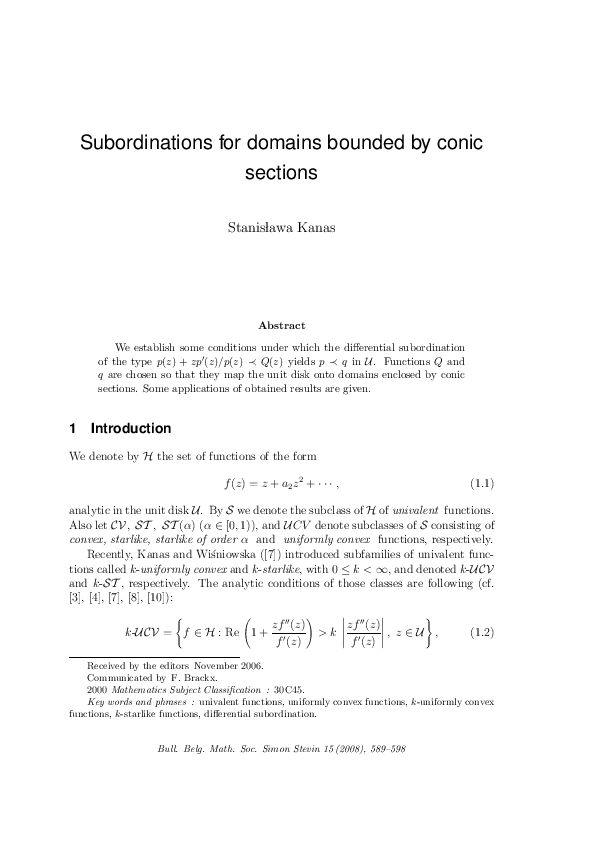 (PDF) Subordination for domains bounded by conic sections